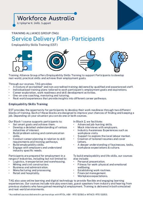 EST Service Delivery Plan - Training Alliance Group (Participant) - Department of Employment and ...
